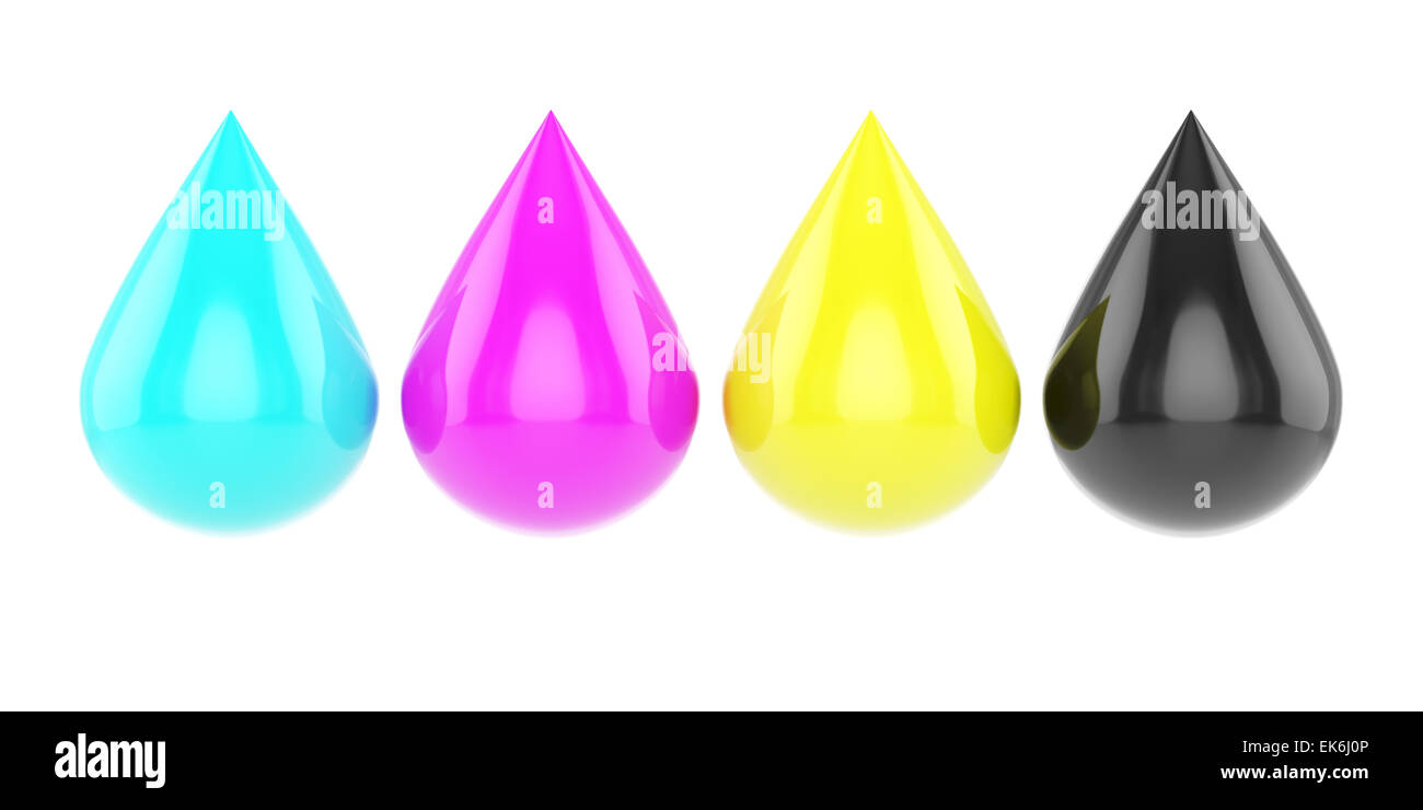 3d rendering of four glossy cmyk drops isolated on white background ...