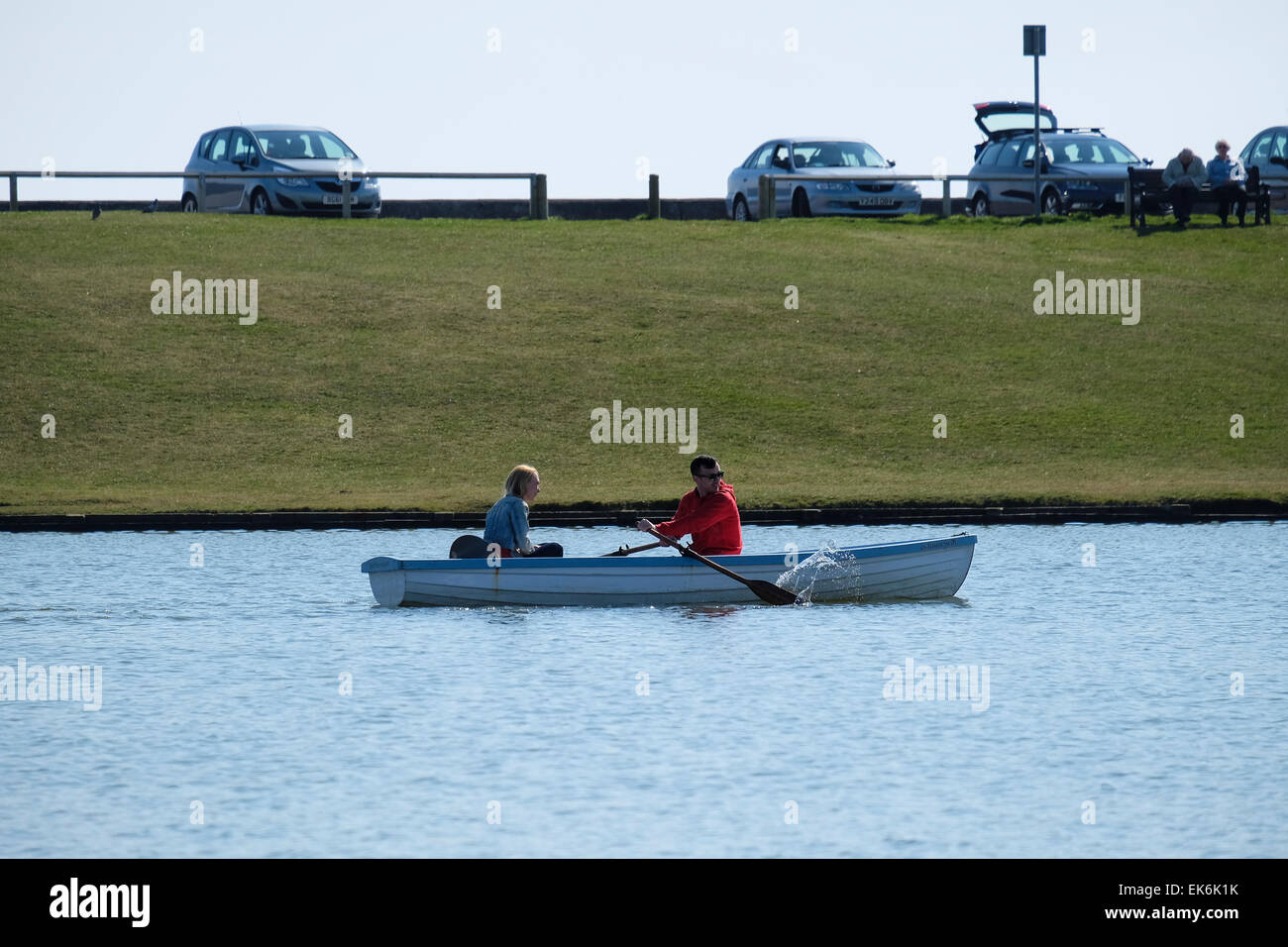 Couple in rowing boat on Fairhaven Lake at Lytham St Annes on the ...