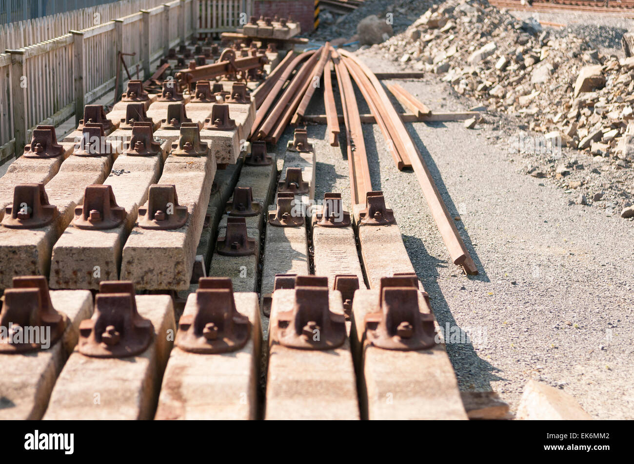 Rails and concrete sleepers at a track extension building site Stock ...