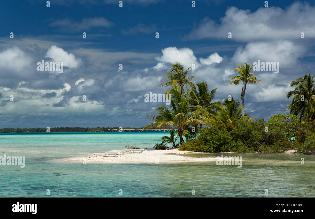 Atoll with blue waters and surf and palm trees Stock Photo - Alamy