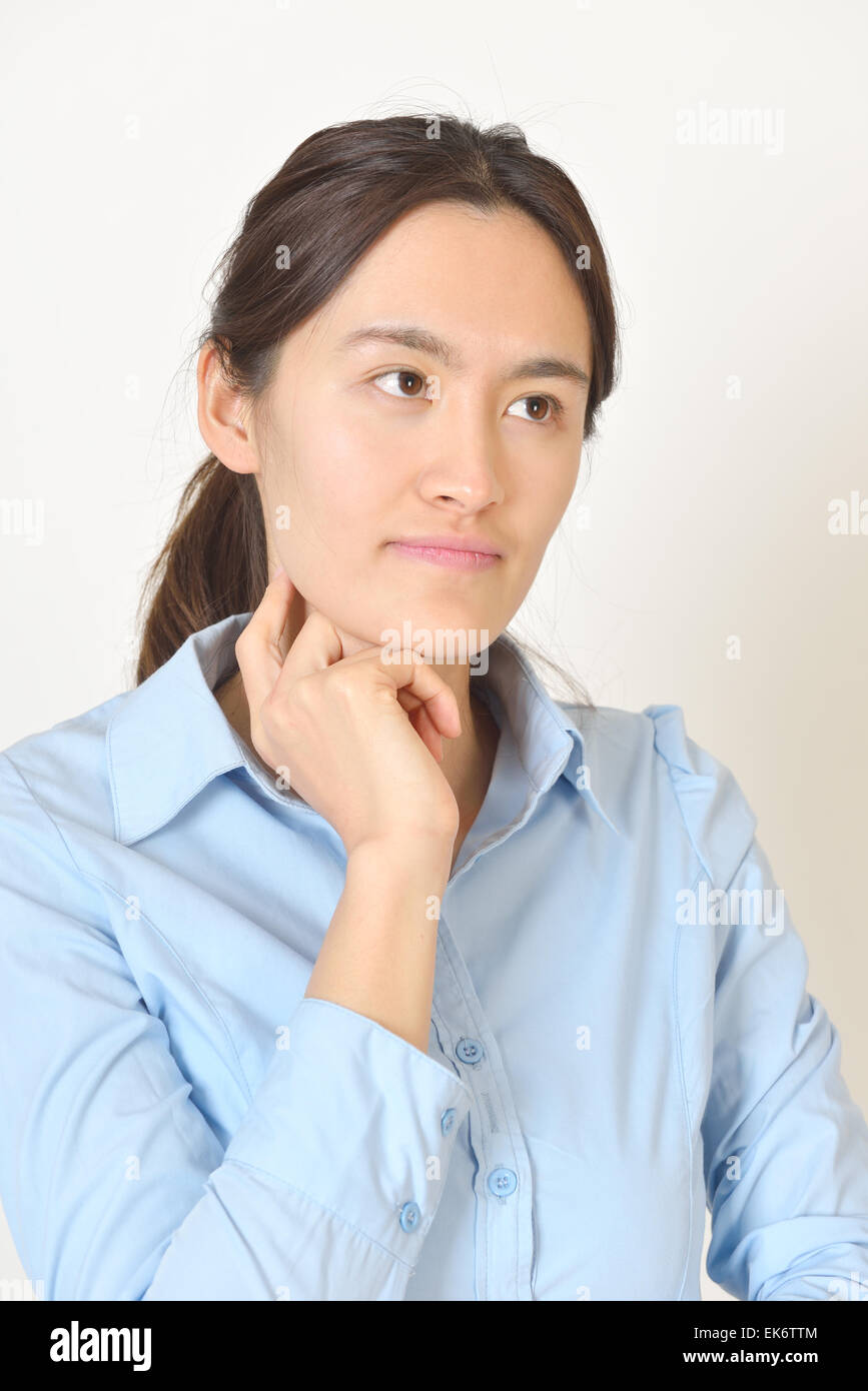 Thinking smiling woman head looking up isolated on white background ...