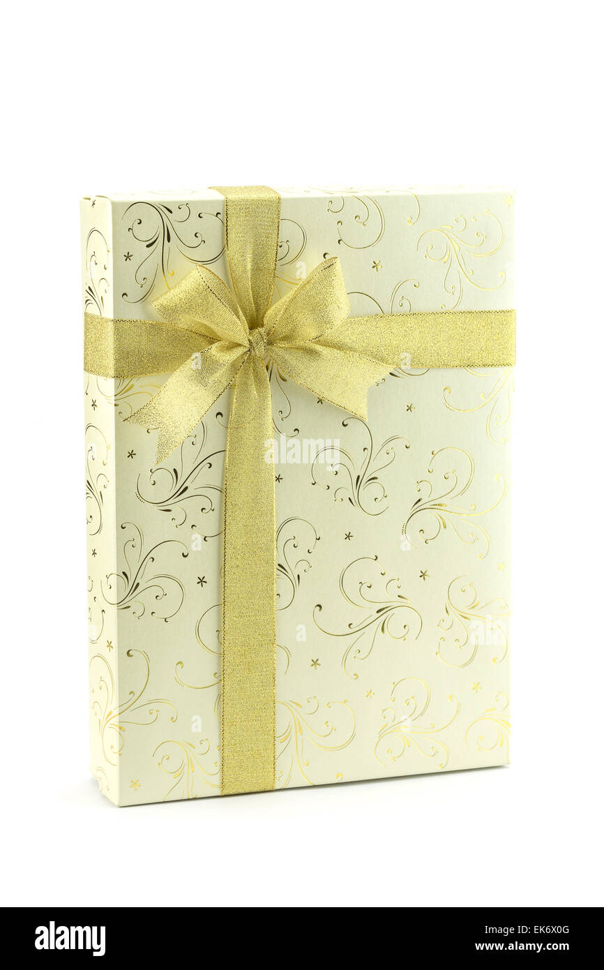 gift box with gold ribbon bow isolated on white background Stock Photo ...