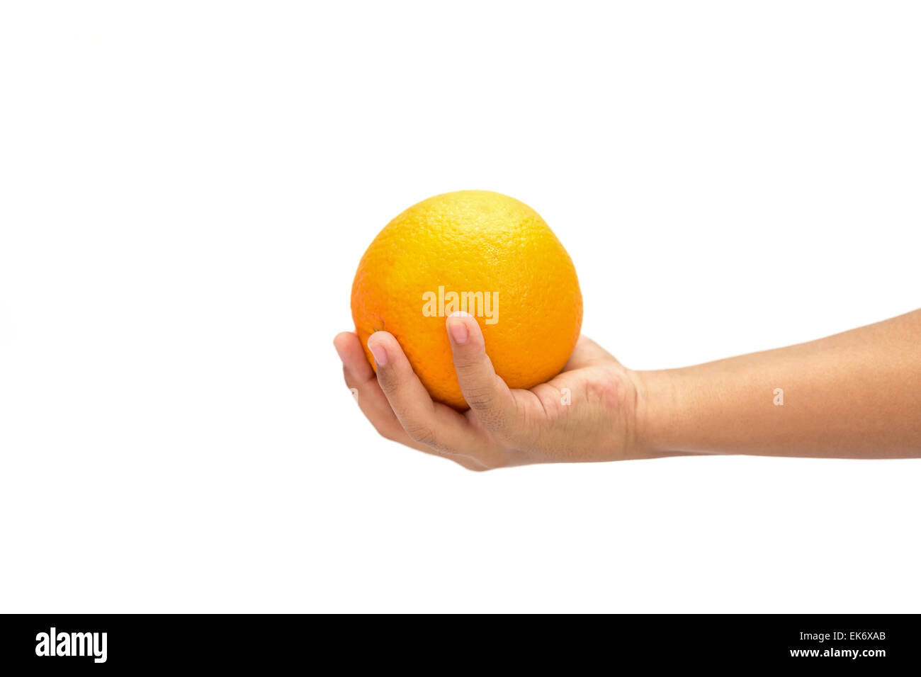 Hand holding orange isolated on white background Stock Photo - Alamy