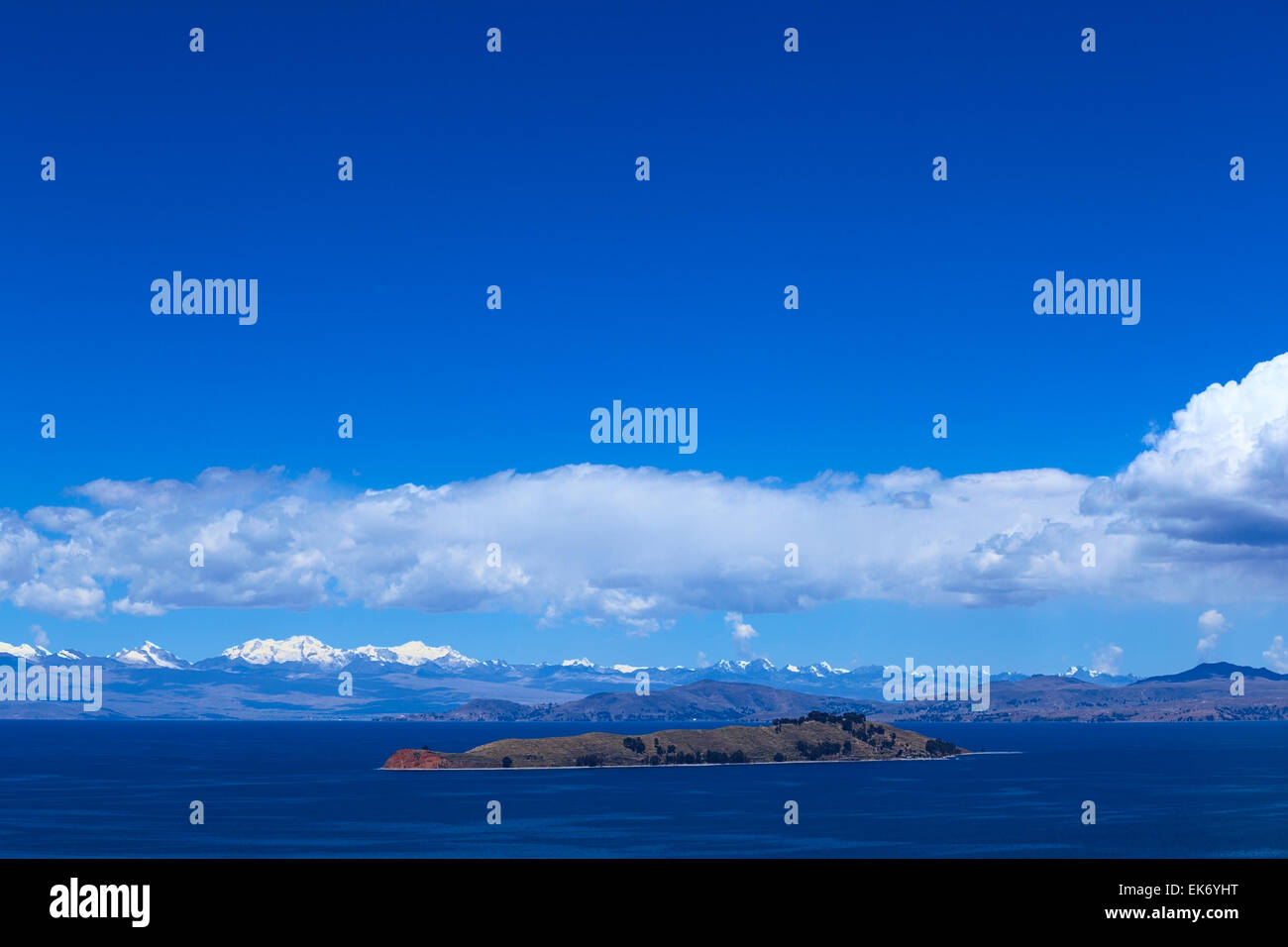 The Isla de la Luna (Island of the Moon) with the snow-capped mountains ...