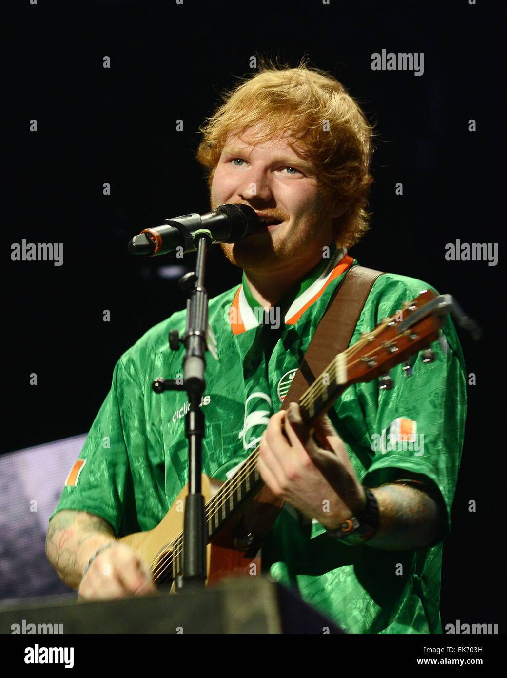 Ed Sheeran performs at 3Arena in Dublin wearing an Irish football ...