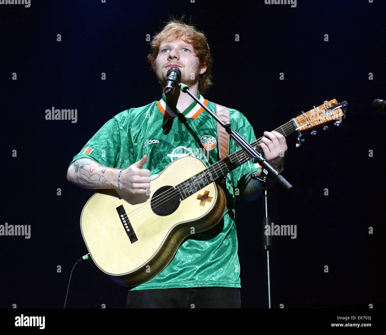 Ed Sheeran performs at 3Arena in Dublin wearing an Irish football ...