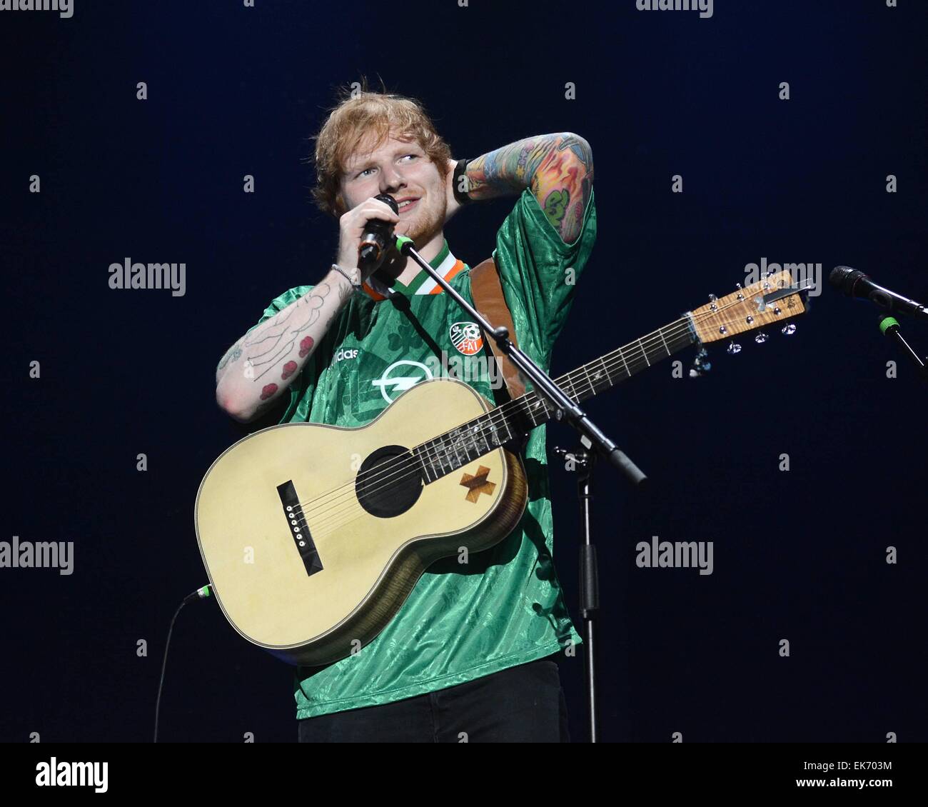Ed Sheeran performs at 3Arena in Dublin wearing an Irish football ...