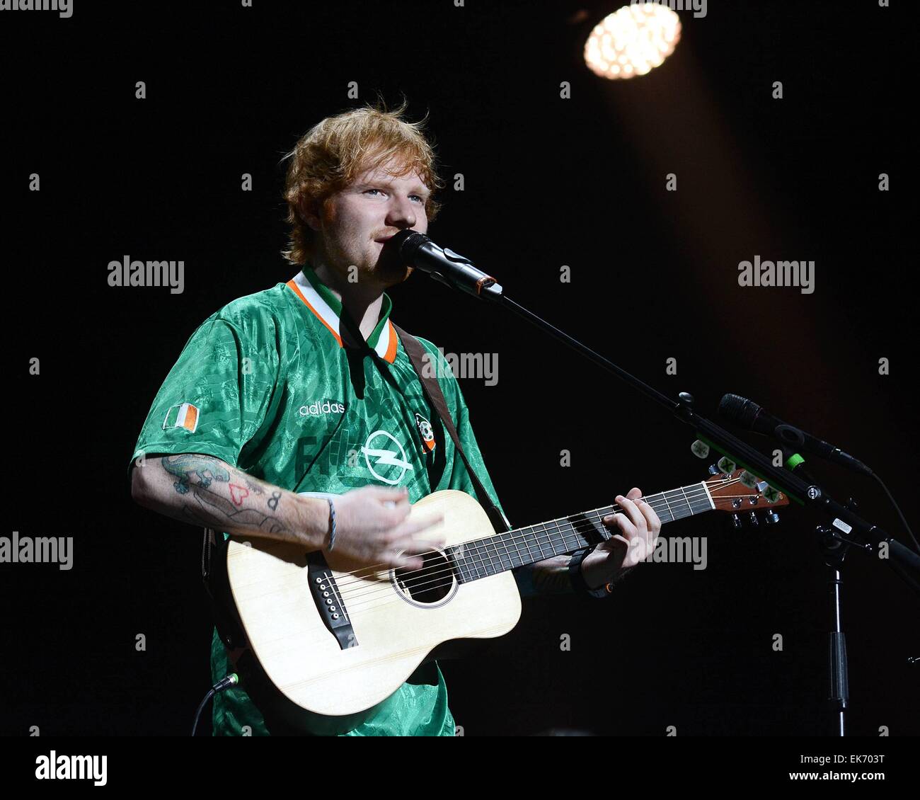 Ed Sheeran performs at 3Arena in Dublin wearing an Irish football ...