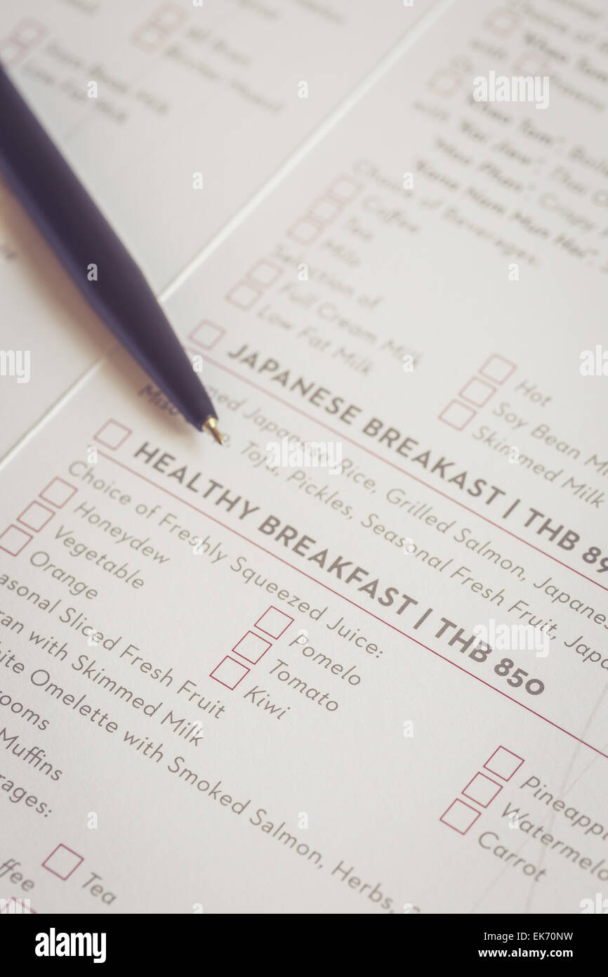 Close up Menu list with pen Stock Photo - Alamy