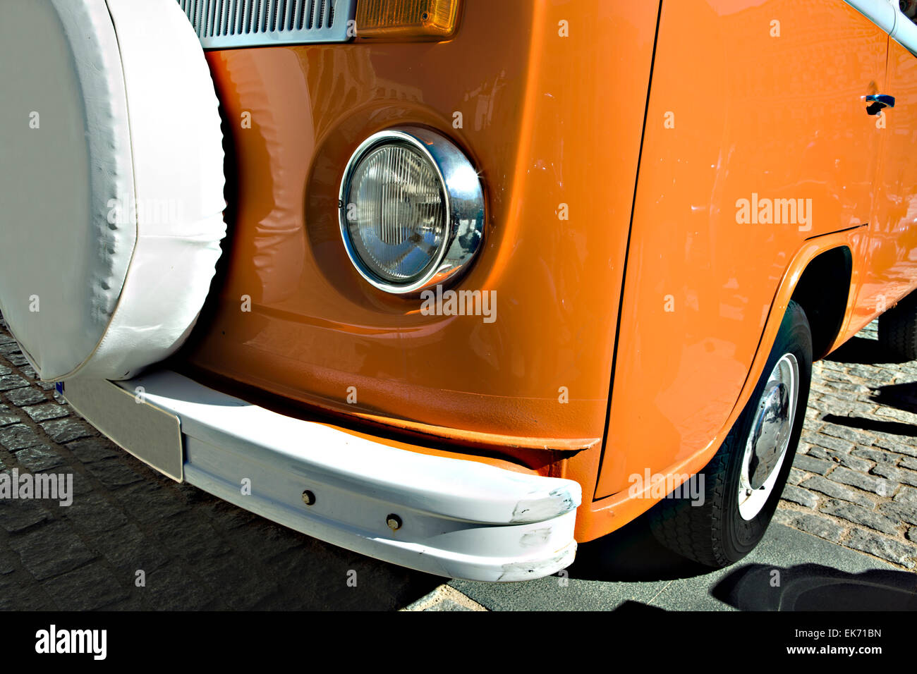 A classic orange van parked at High Square of Badajoz, Spain Stock ...