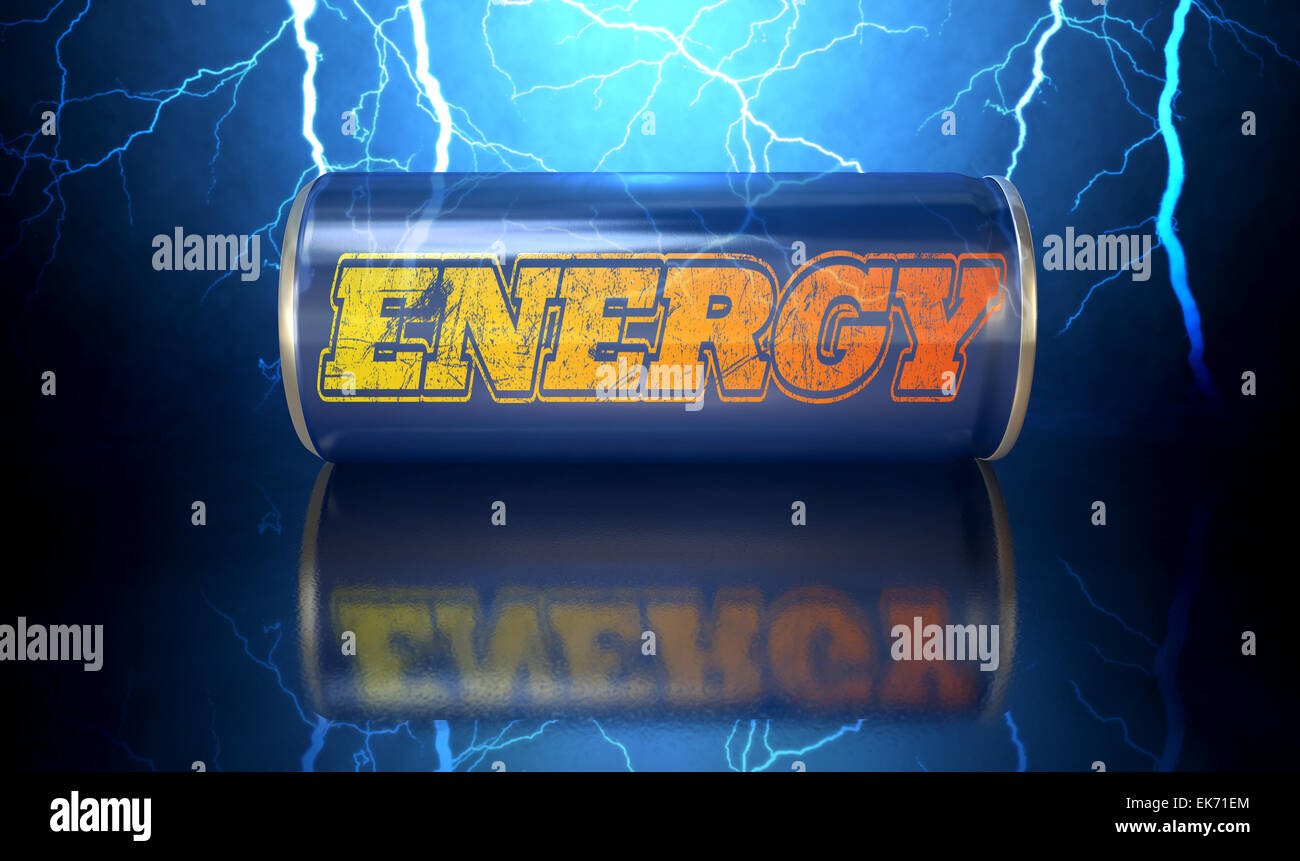 A blue energy drink shaped tin can with the word energy written on it ...