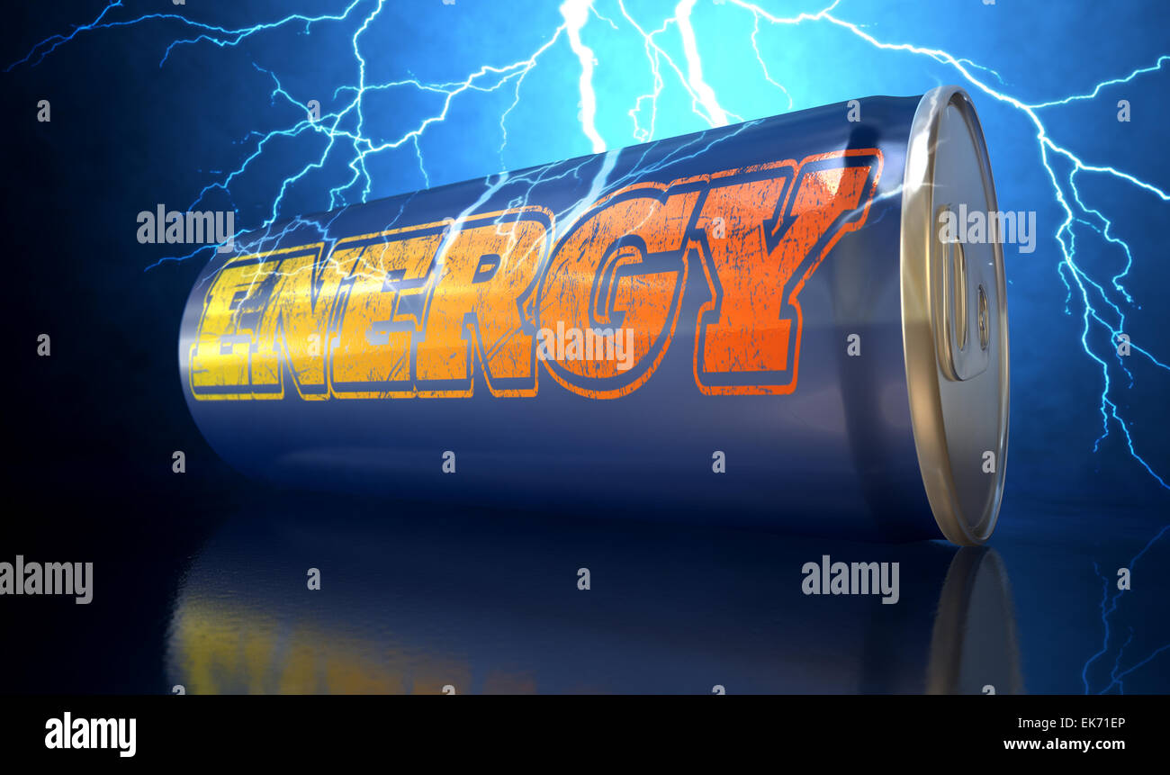 A blue energy drink shaped tin can with the word energy written on it ...