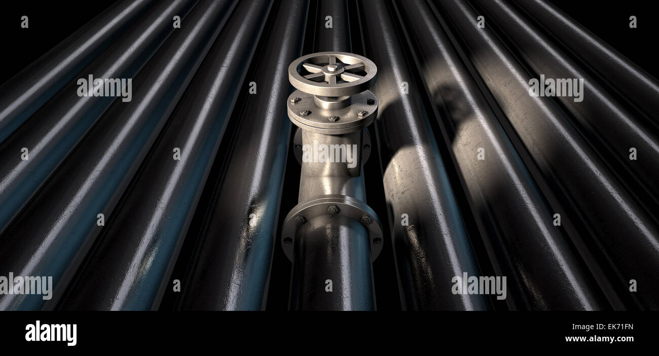 A collection of pipes with the middle one having a metal shutoff valve ...