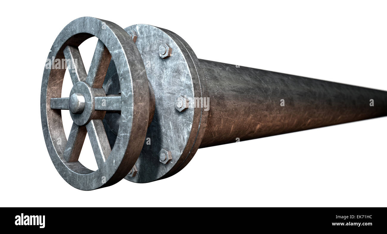 A metal shutoff valve attached to a metal pipe with bolts on an ...