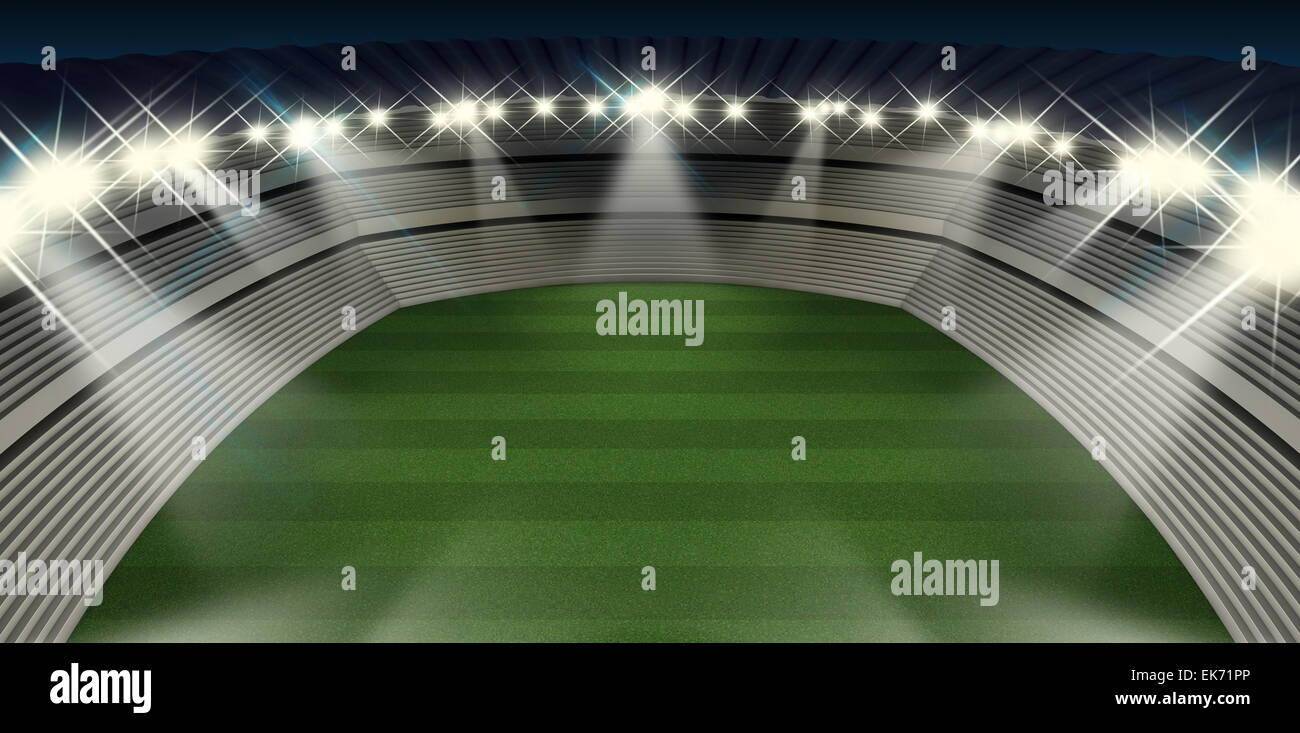 A generic stadium with an unmarked green grass pitch at night under ...