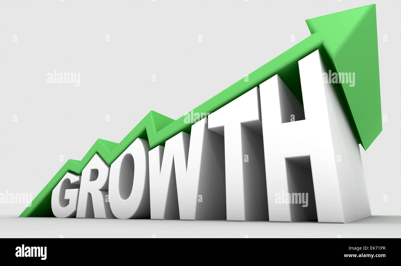 A green upward trend arrow moulded onto extruded white text that says ...