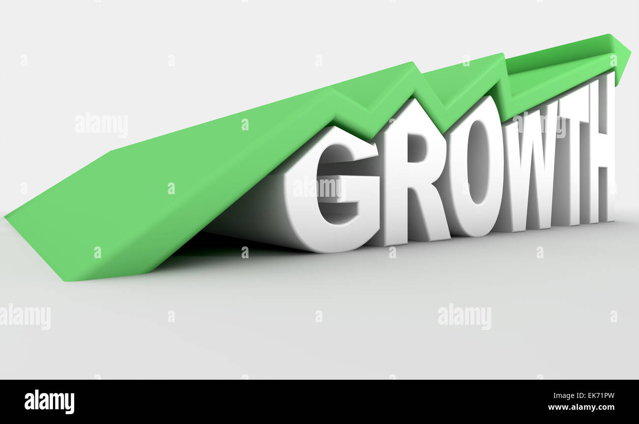 A green upward trend arrow moulded onto extruded white text that says ...