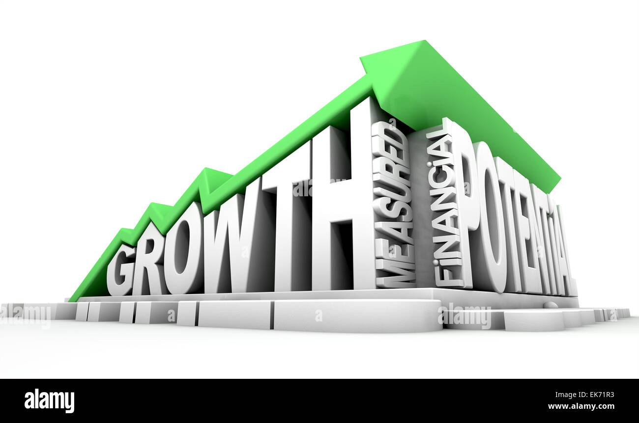 A green upward trend arrow moulded onto a collection of business term ...