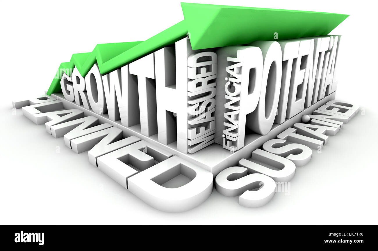 A green upward trend arrow moulded onto a collection of business term ...