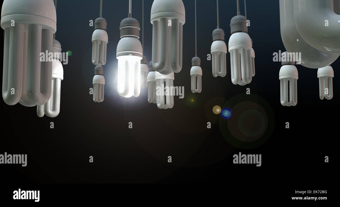 A concept image showing unlit dangling flourescent light bulbs with one ...