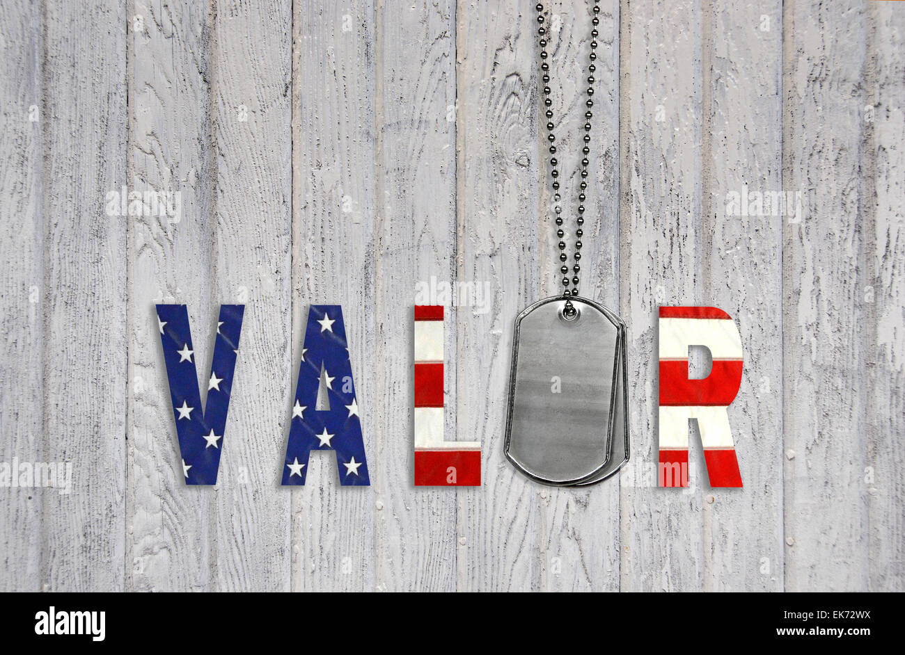 American flag font with military dog tags on rustic gray wood Stock ...