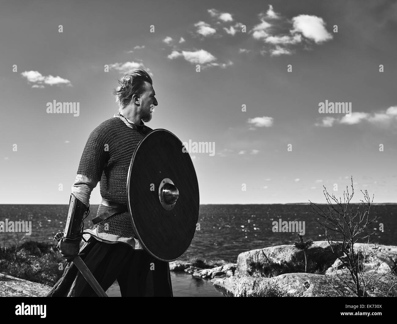 Medieval viking warrior wearing chainmail, he has the sword and the ...