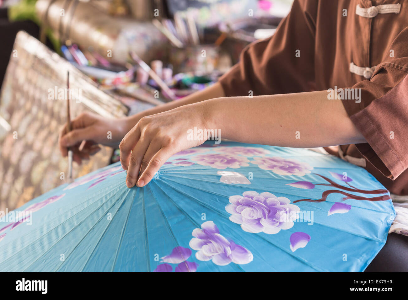 Handmade umbrella with painting process Stock Photo - Alamy
