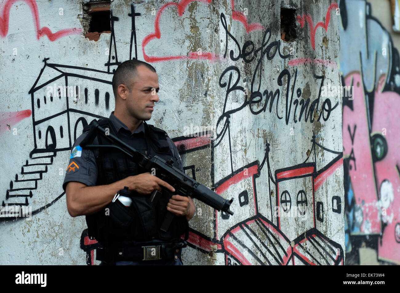 Brazil. 07th Apr, 2015. Military police conducts beat patrol and set up ...