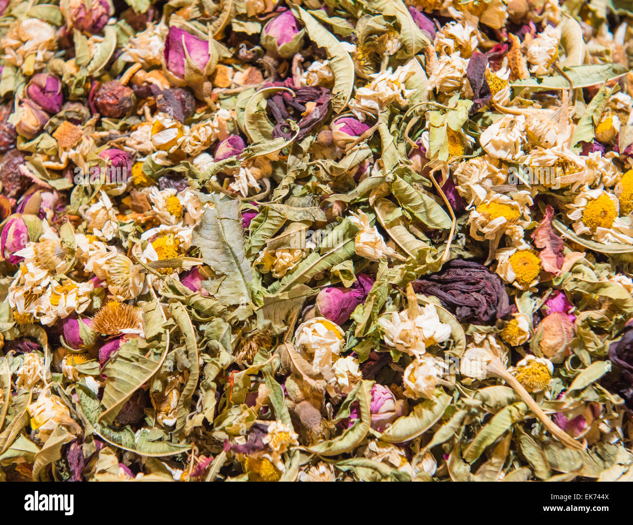Closeup detail of dried flowers for herbal tea on display at a bazaar ...