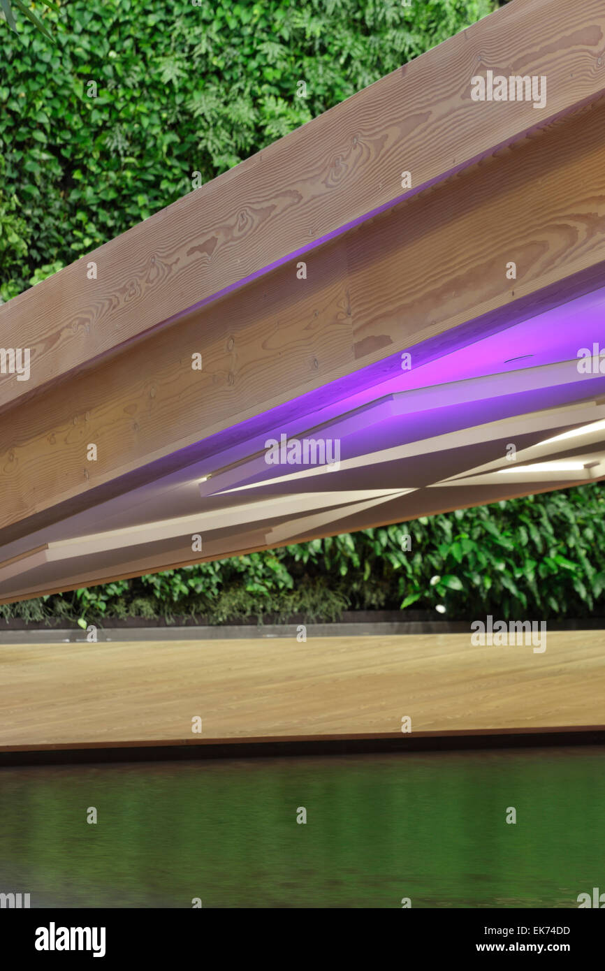 Detail of sloping Douglas fir timber platform above reflecting pool ...
