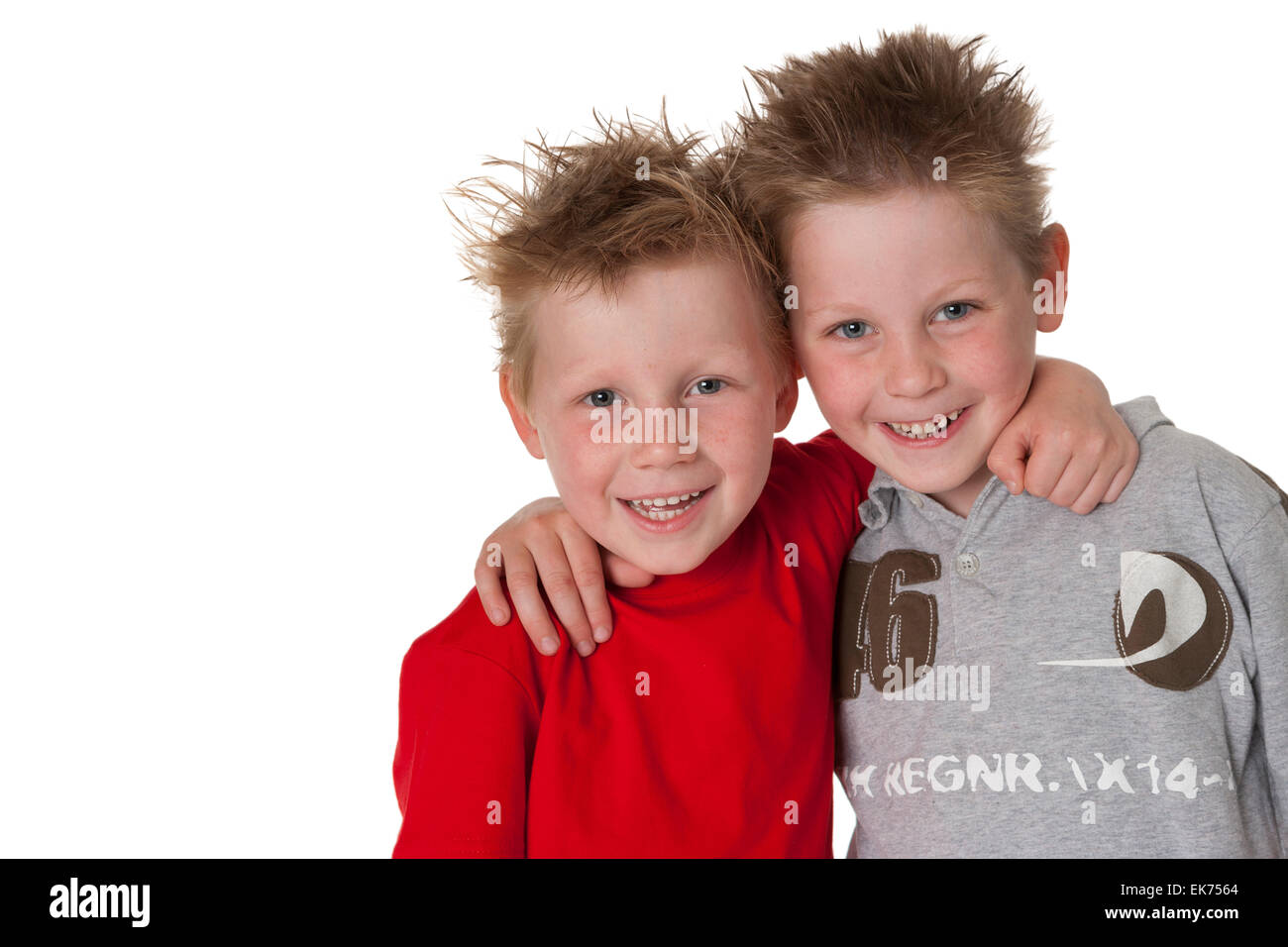 Two brothers on white background with space for text Stock Photo - Alamy