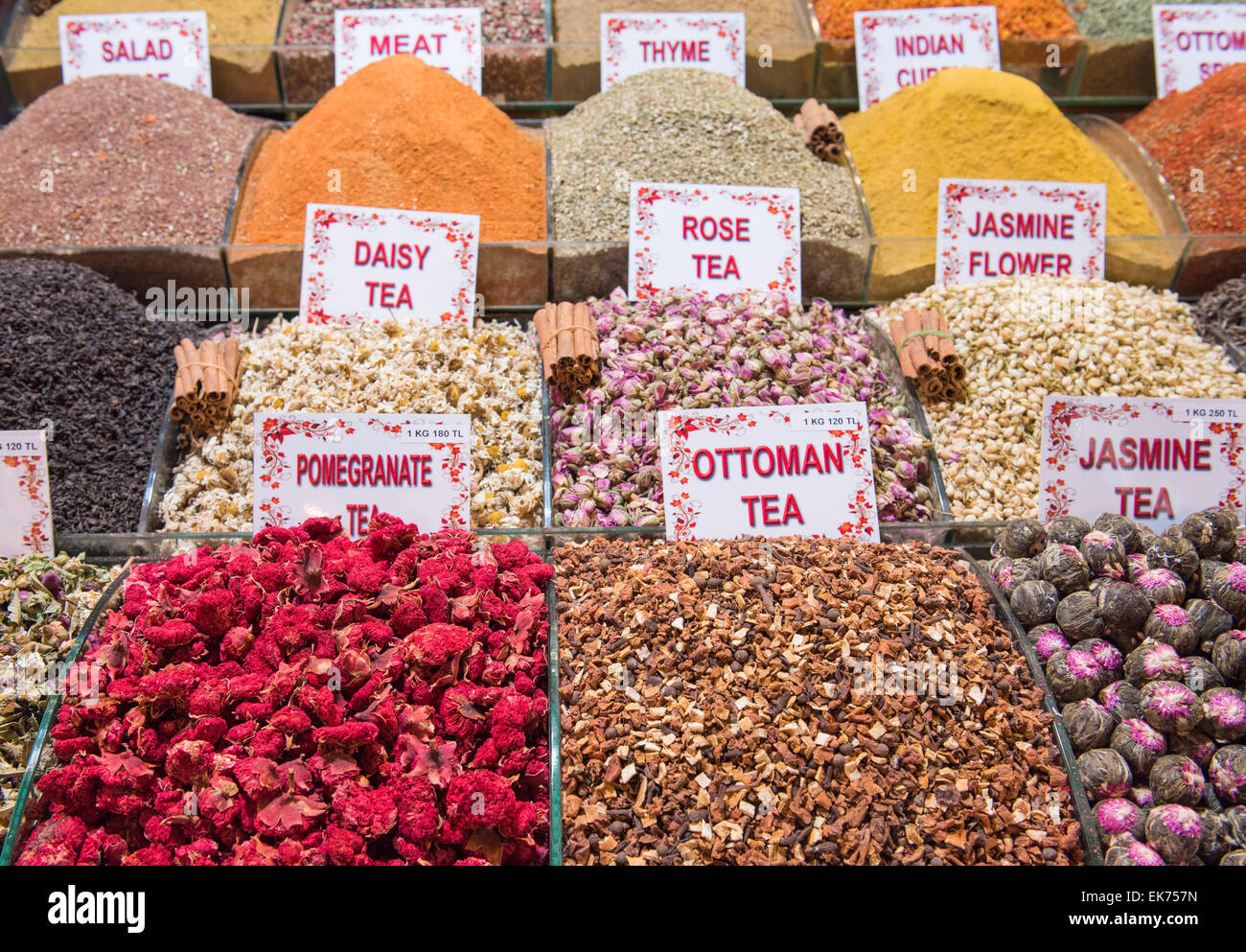 Variety selection of various herbal teas on display at a turkish bazaar ...