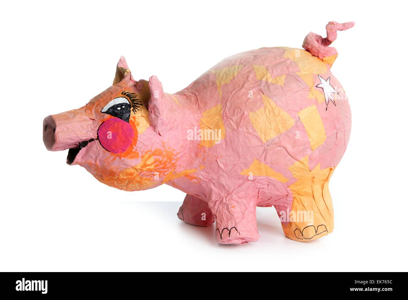 Cute little pink pig cartoon handmade toy on white Stock Photo - Alamy