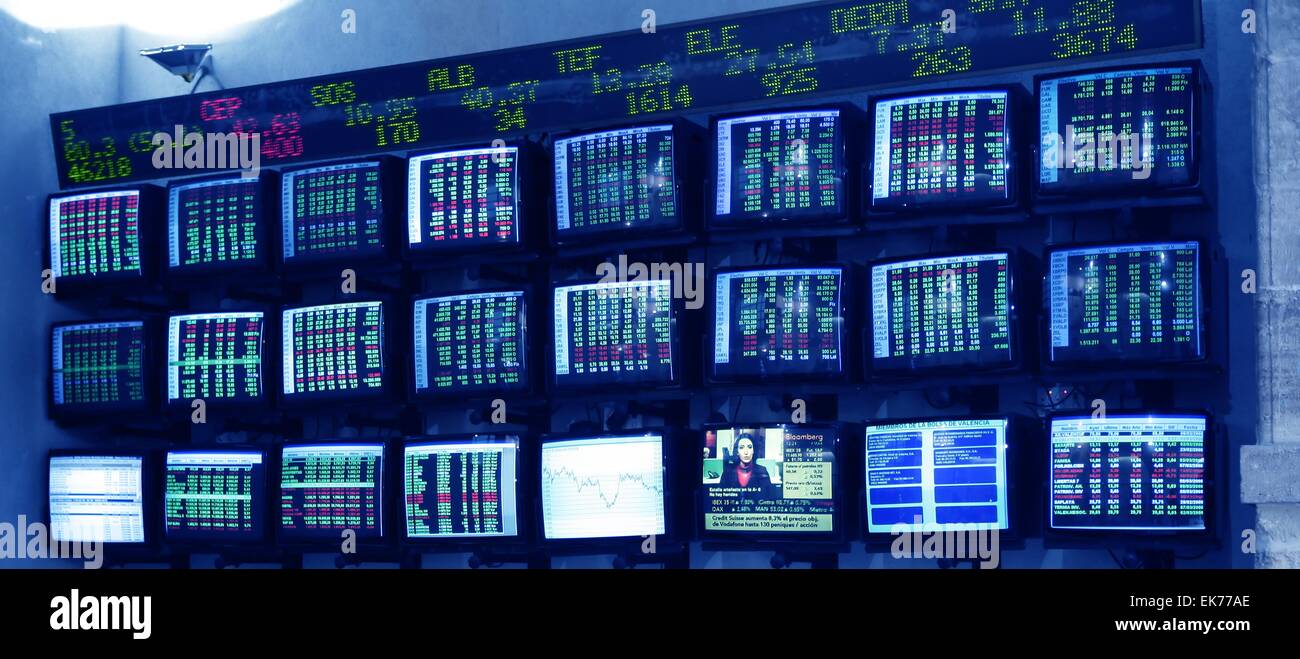 stock market multiple screen with reports Stock Photo - Alamy