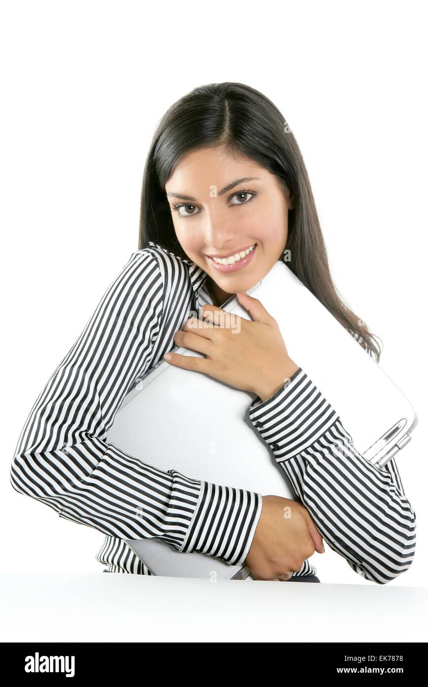 Brunette woman hug laptop computer Stock Photo - Alamy
