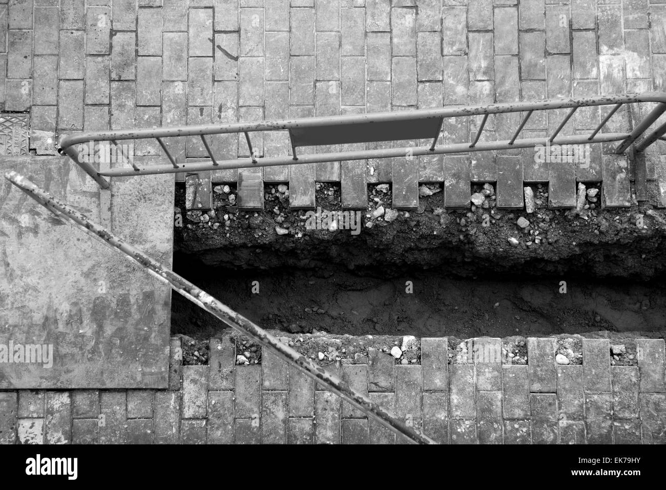 Urban civil construction, Spain, trench, black and white Stock Photo ...