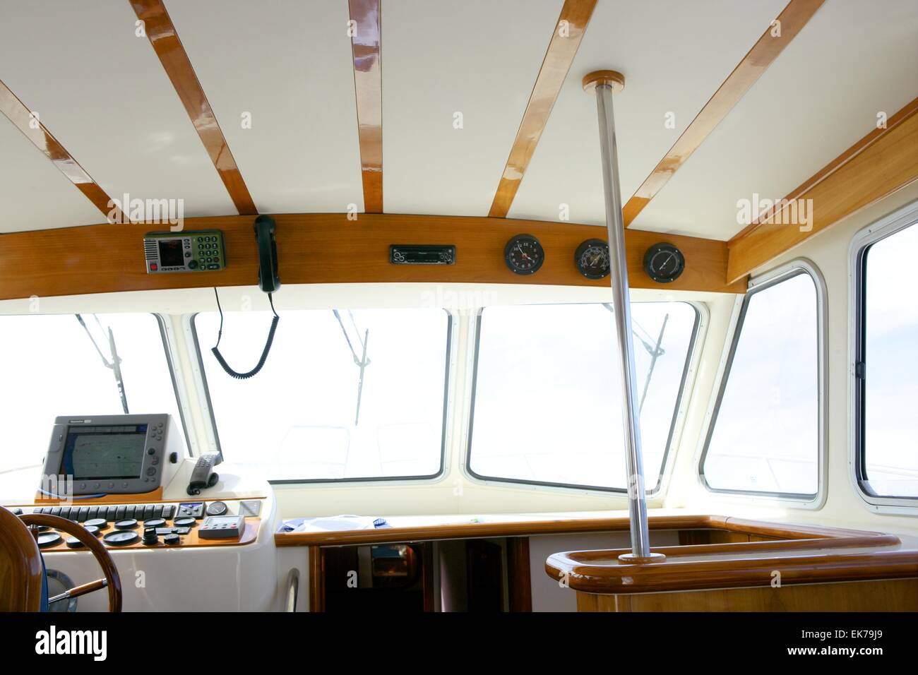 Classic fishing boat white and wood interior Stock Photo - Alamy