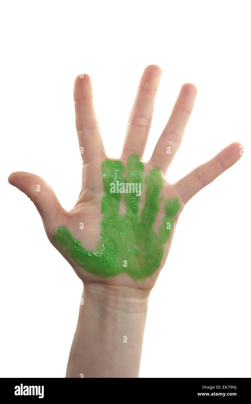 Mother hand painted in green by children Stock Photo - Alamy
