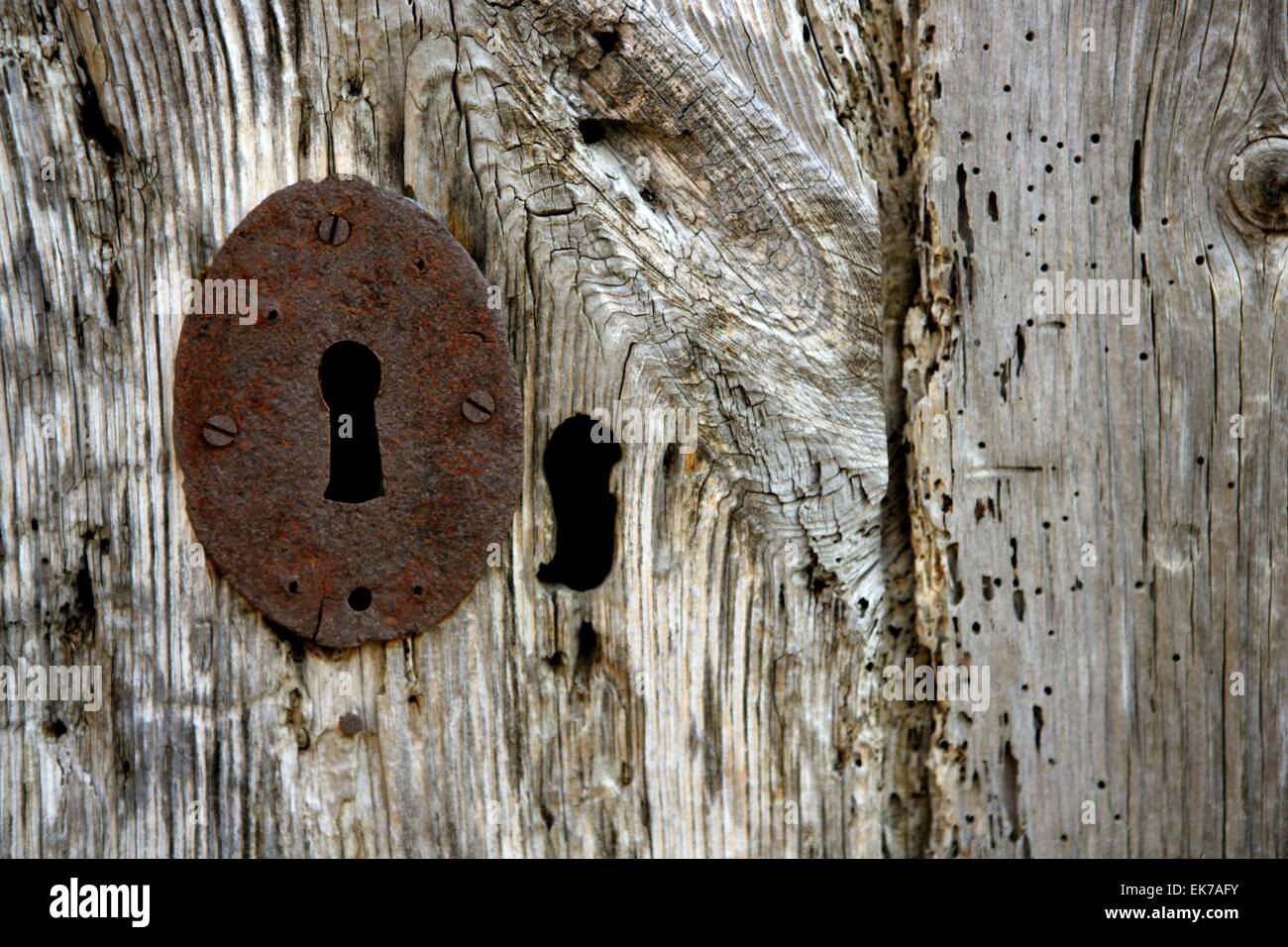 Key hole over aged gray old wood Stock Photo - Alamy