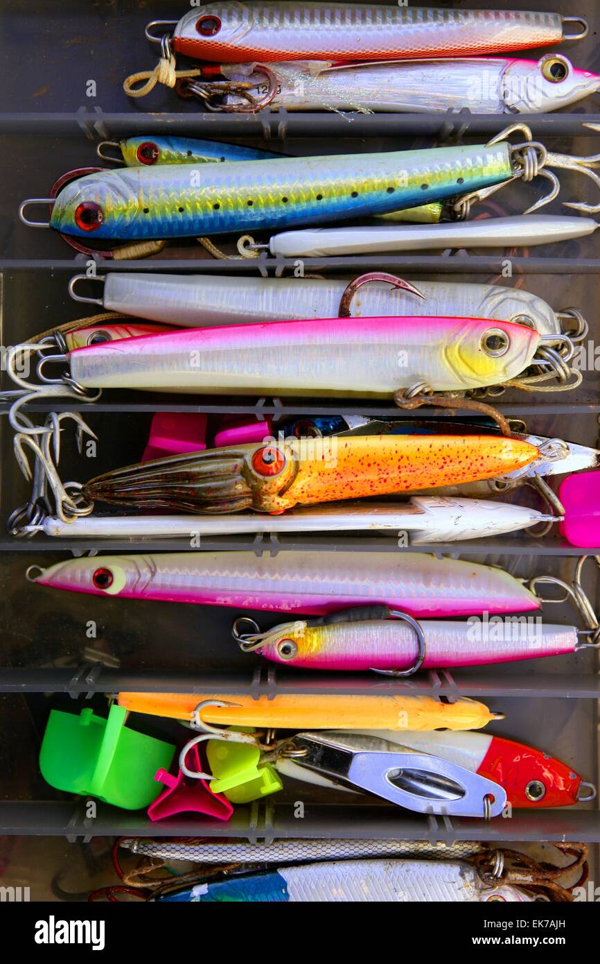 Colorful fishing saltwater fish lures box Stock Photo - Alamy