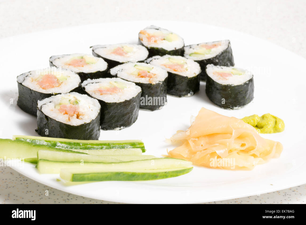 Homemade sushi in a white plate with wasabi and ginger Stock Photo - Alamy