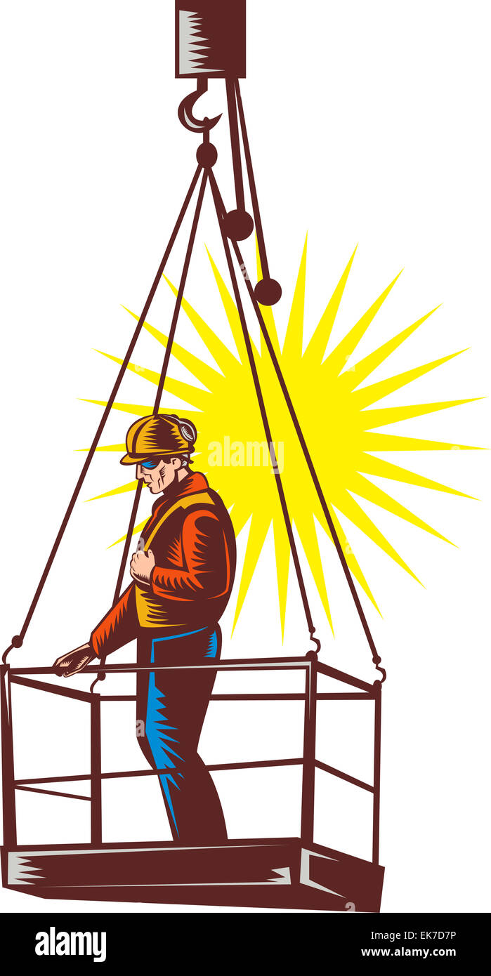 Construction worker on platform being hoisted up Stock Photo - Alamy