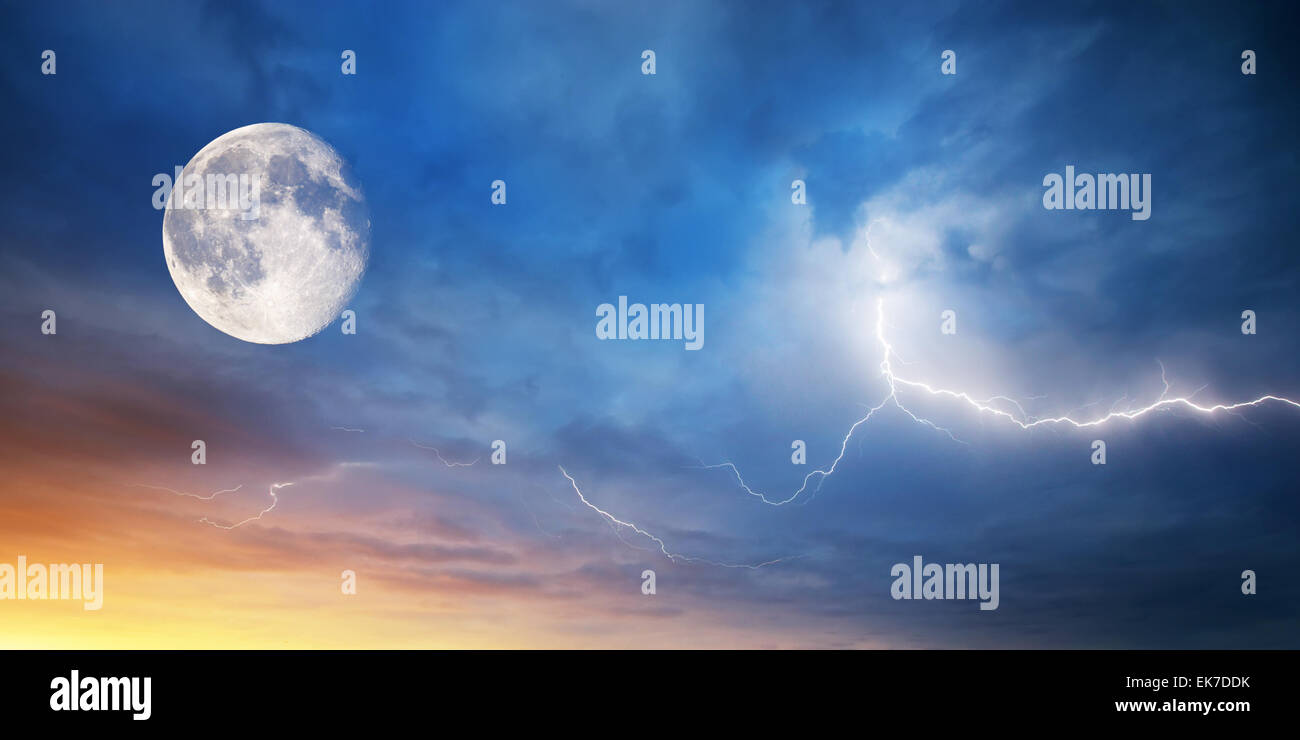 Moon and lightning on sunset.Composition of nature Stock Photo - Alamy