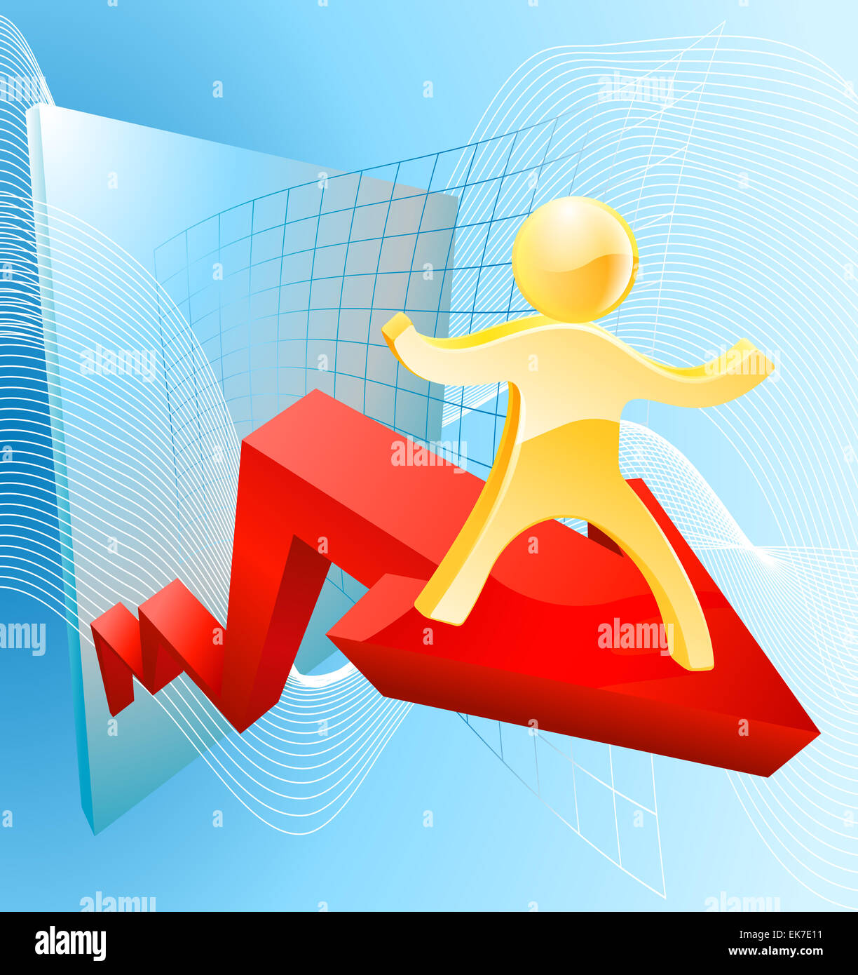 Business success concept of a 3d gold man mascot on an arrow with an ...