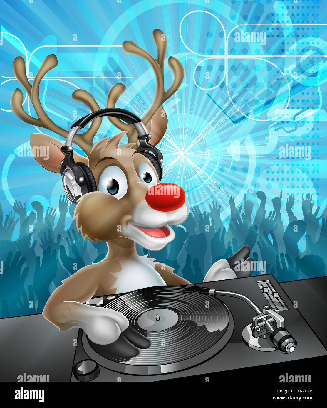 A cartoon Christmas Reindeer DJ with headphones on at the record decks ...