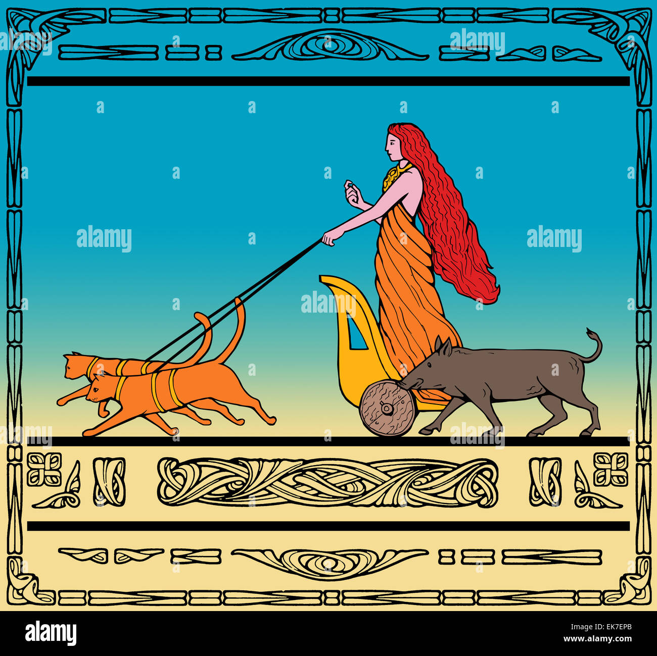 Freya Norse goddess riding chariot cat boar Stock Photo - Alamy