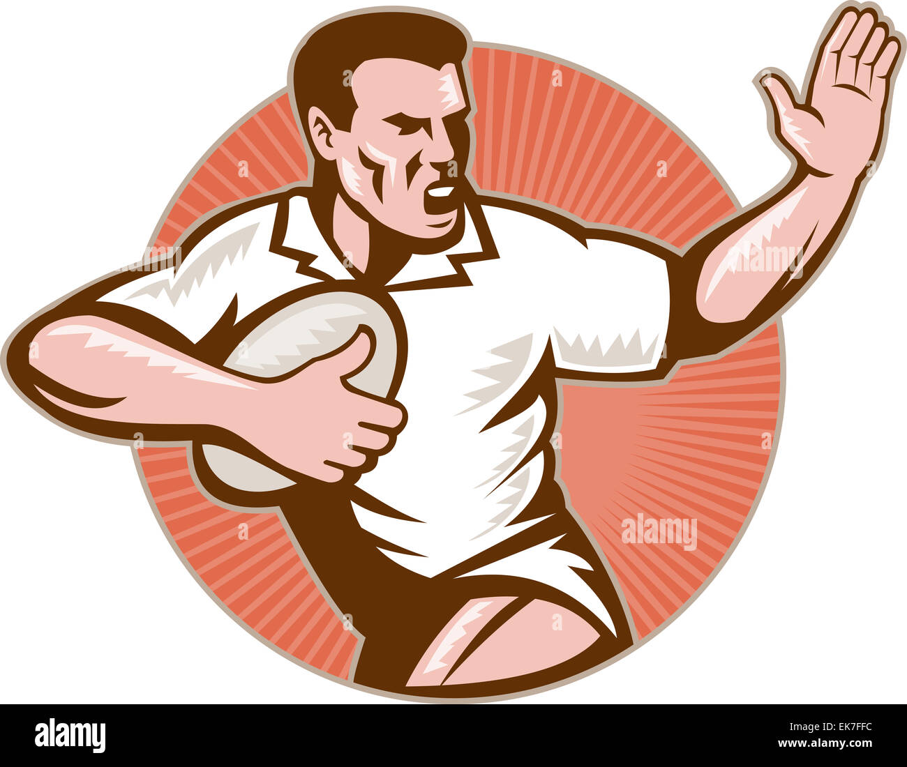 rugby player running with ball fending off Stock Photo - Alamy