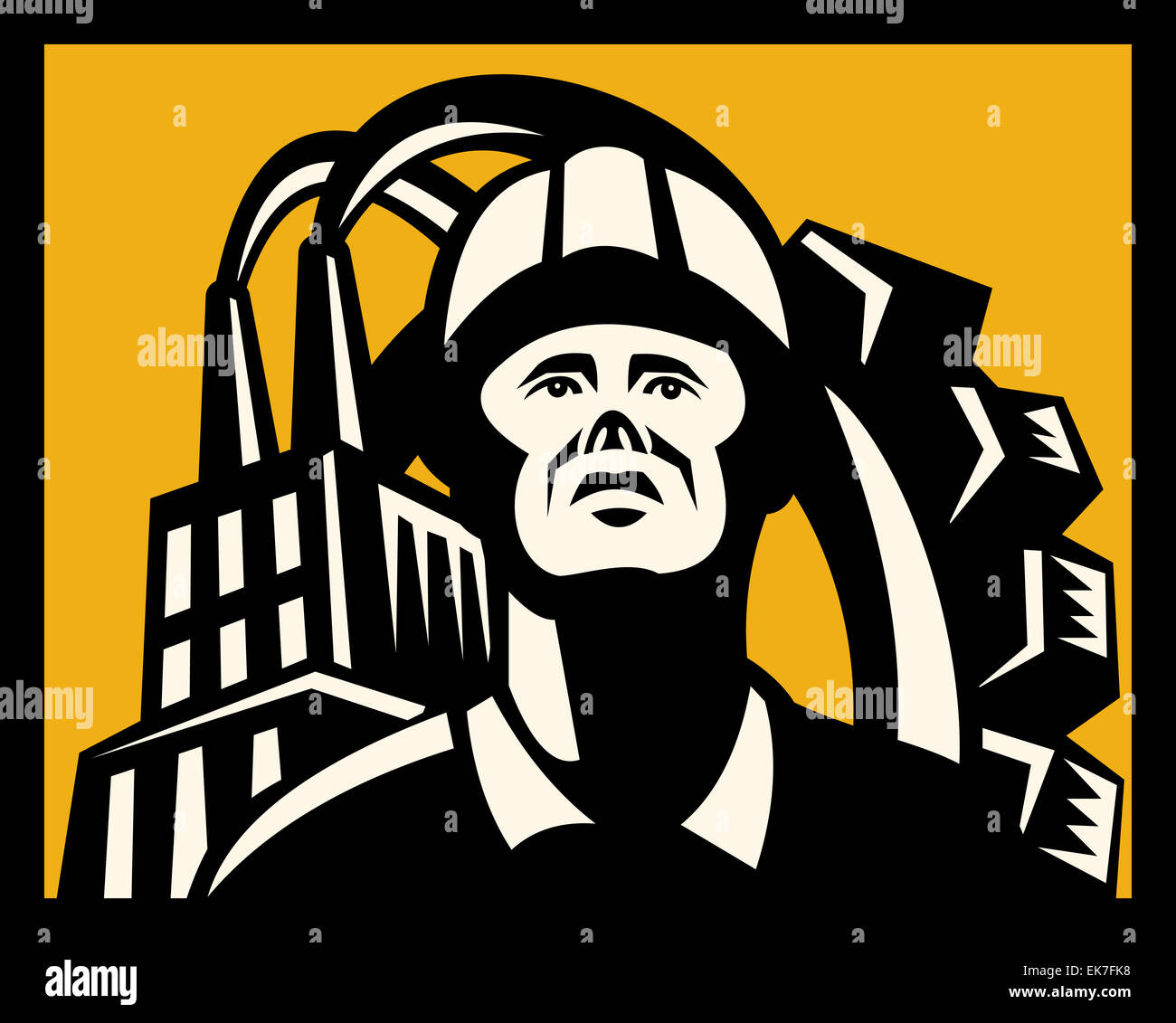 Worker with factory building and gear in back Stock Photo - Alamy