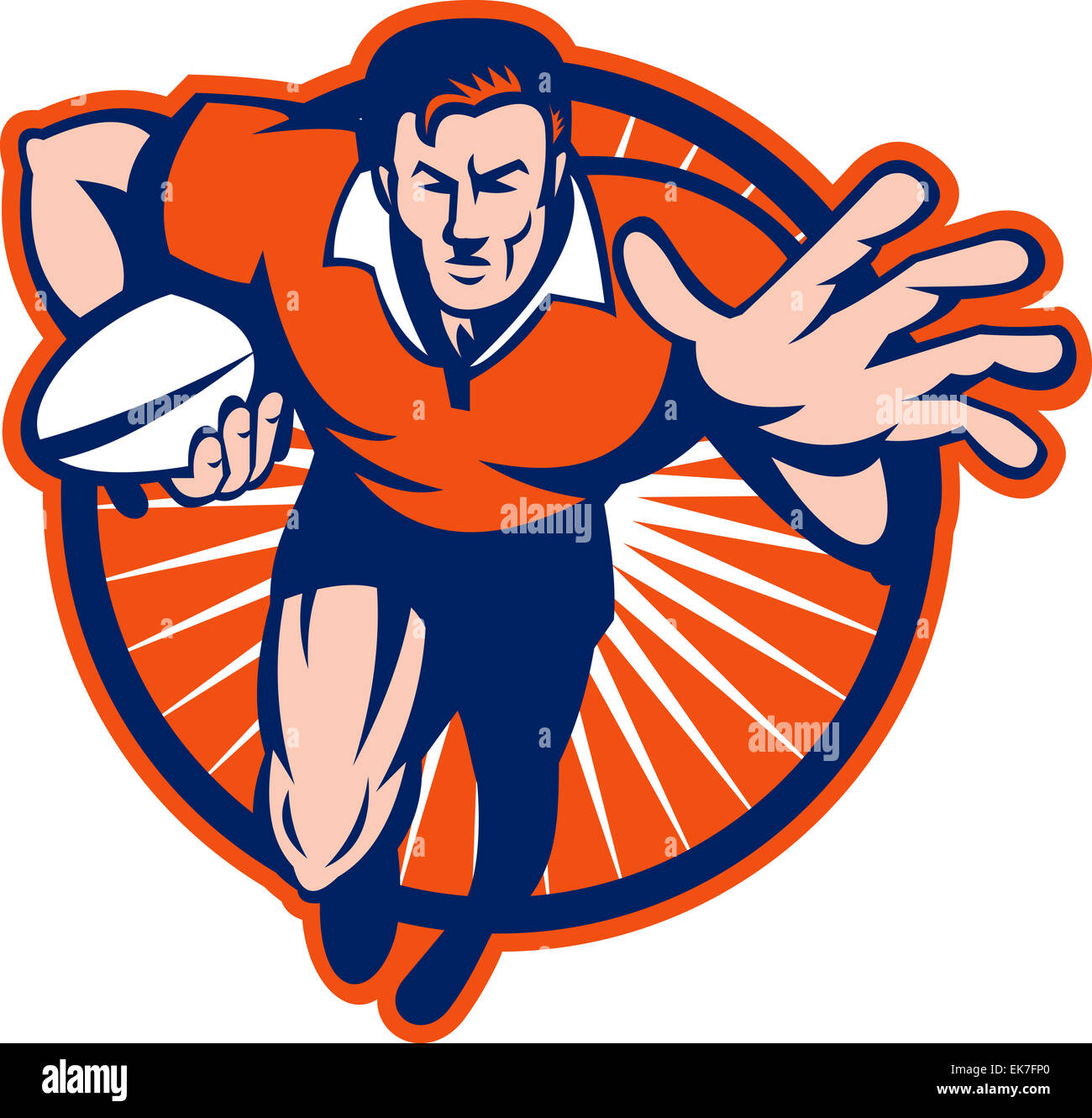 Rugby player running towards you fending off Stock Photo - Alamy