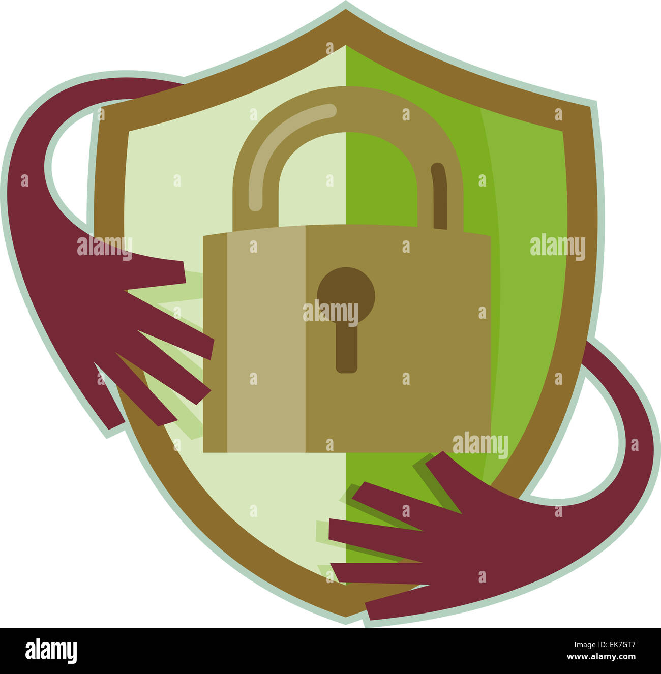 Padlock with shield and hands reaching in Stock Photo - Alamy